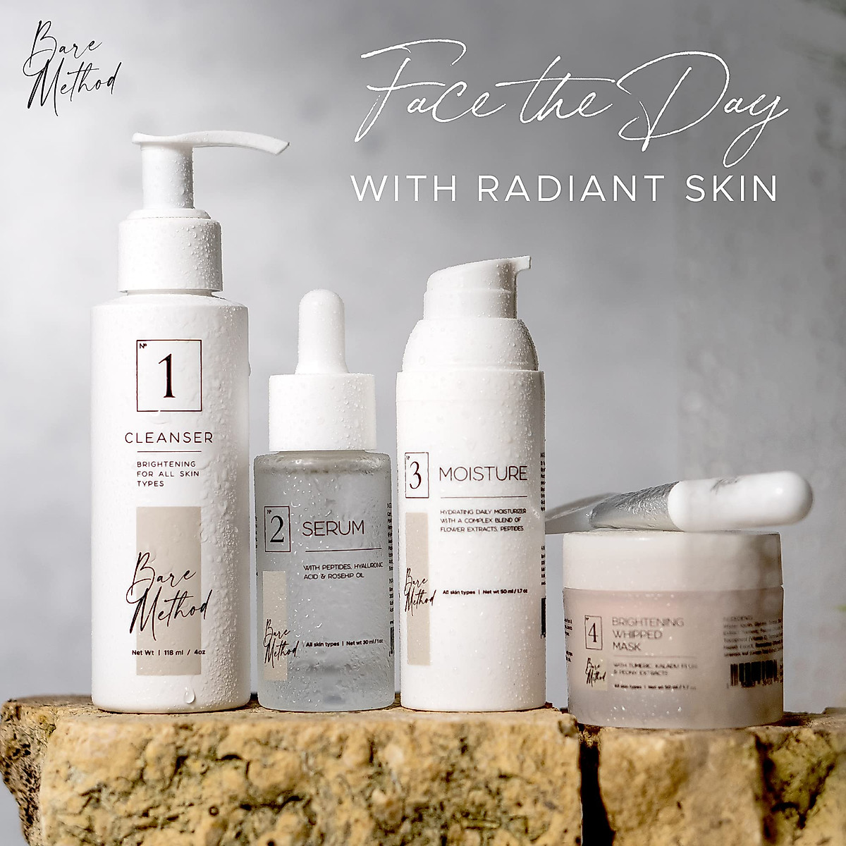 Bare Method Perfecting 4 Step Skincare Kit - Women’s Full Size Skin Care Products - Cleanser + Serum + Moisturizer + Facial Mask - Made In US - Luxury Ingredients -Brighten, Hydrate, Renew, Protect