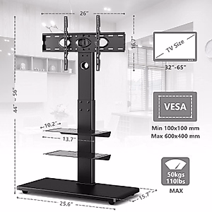 Universal Floor TV Stand with Height Adjustable Swivel Mount and 3 Media Storage Shelves, Fit for 42 43 47 50 55 60 65 70 75 Inch Plasma LCD LED OLED Flat or Curved Screen TVs