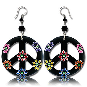 Earth Accessories Peace Sign Dangle Earrings with Organic Wood - Earring Hippie Accessories and Hippie Costume for 60s or 70s