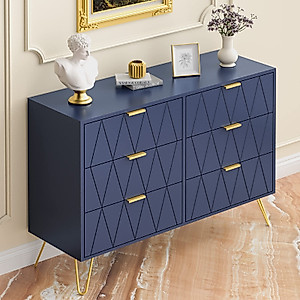 UEV 6 Drawer Dresser,Modern Dresser Chest with Wide Drawers and Metal Handles,Wood Storage Chest of Drawers for Bedroom,Living Room,Hallway,Entryway (Navy Blue)