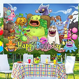 Singing Monsters Birthday Decorations, Singing Monsters Happy Birthday Banner Backdrop for Singing Monsters Birthday Party Supplies (5x3ft)
