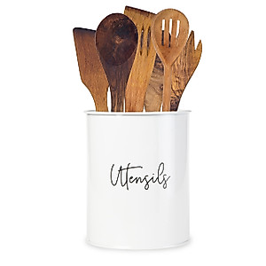 Ilyapa White Utensils Holder, Farmhouse Utensil Holder, Countertop Caddy Cooking Utensil Organizer, Galvanized Crock, White Kitchen Decor for Countertops 5.5" x 6.75"