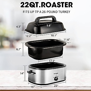 22 Quart Roaster Oven, Electric Turkey Roaster with Self-Basting Lid Design, Large Stainless Steel Electric Turkey Roaster Oven Large Roaster with Removable Pan & Rack, Silver