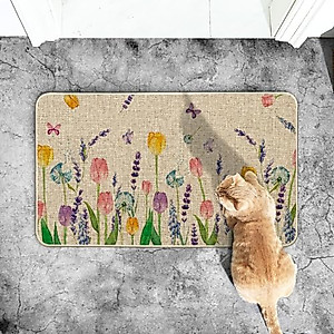 Artoid Mode Tulip Lavender Spring Decorative Doormat, Seasonal Flower Summer Holiday Low-Profile Rug Switch Mat for Indoor Outdoor 17x29 Inch