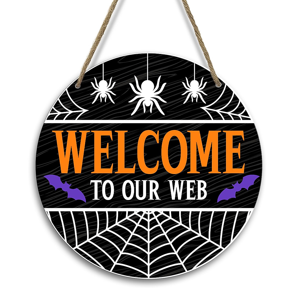 Halloween Hanging Door Wall Decor Wooden Plaque, Welcome To Our Web Sign, Spider Web Pattern, 8 Inch Round Halloween House Decor Hanging Sign, Outdoor Halloween Theme Party Decor Supplies -04