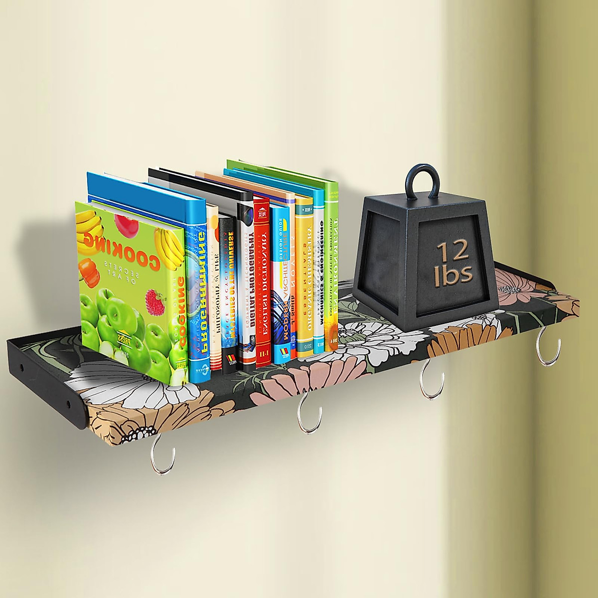 TYHBO Printed Style Floating Shelves for Wall,1 pcs Wall Mounted Room Shelf with Hooks for Floating Book Shelves for Wall, Plant Shelf and Room Decor (Flowers)