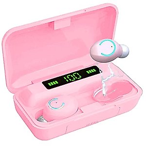eDealz Bluetooth Wireless 5.0 IPX7 Waterproof Earbud Headphones with Microphone, Rechargeable Smart Charging Case Powerful Surround Stereo Bass and Passive Noise Cancelling (Pink)
