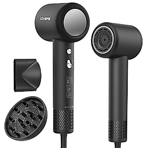 LOVEPS Hair Dryer with Diffuser, 110000 RPM Brushless Motor Ionic Blow Dryer, Portable Quiet Electric Hair Dryers Low Noise, Magnetic Nozzle, Fast Drying for Travel, Salon, Women Gifts - Black