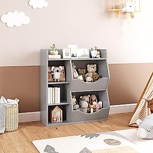 SUNNYFURN Kids 3-Tier Toy Storage Organizer Kids Bookshelf Double Side Toy Shelf Gray- 5 Compartment Bookshelf & Toy Shelf for Kids' Room, Bedroom, Living Room, and Kindergarten - for Toys and Books