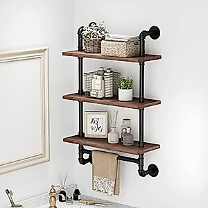 Industrial Bathroom Shelves Rustic Wood Shelves with Towel Bar 24" Farmhouse Shelf for Wall Pipe Shelving-3 Layer