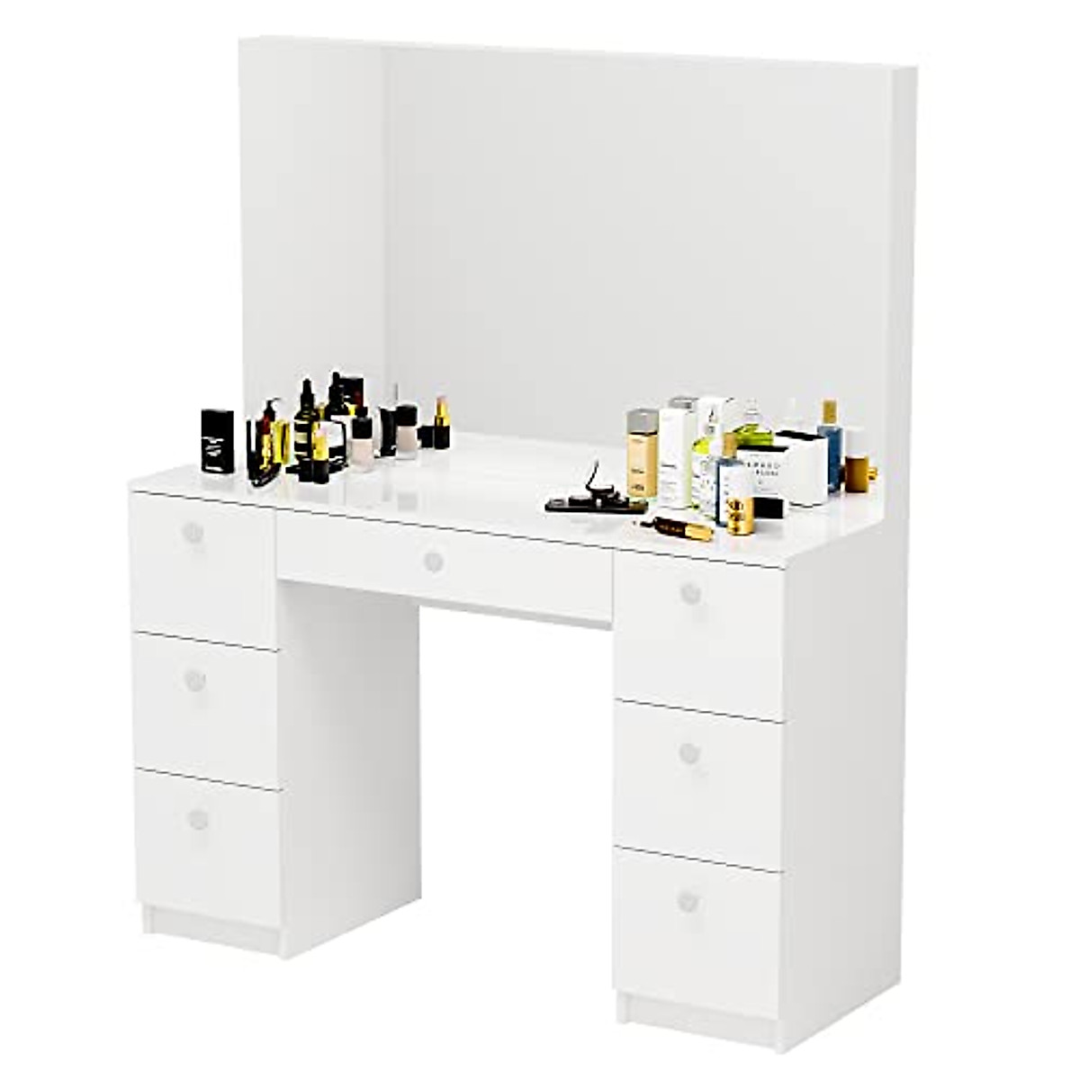 Boahaus Artemisia Vanity Makeup Desk with 7 Drawers, Full-Width Framless Hollywood Mirror, White Vanity Dresser with Mirror, Basic Knobs, Modern Painted Makeup Table for Bedroom (New Version 04/2023)