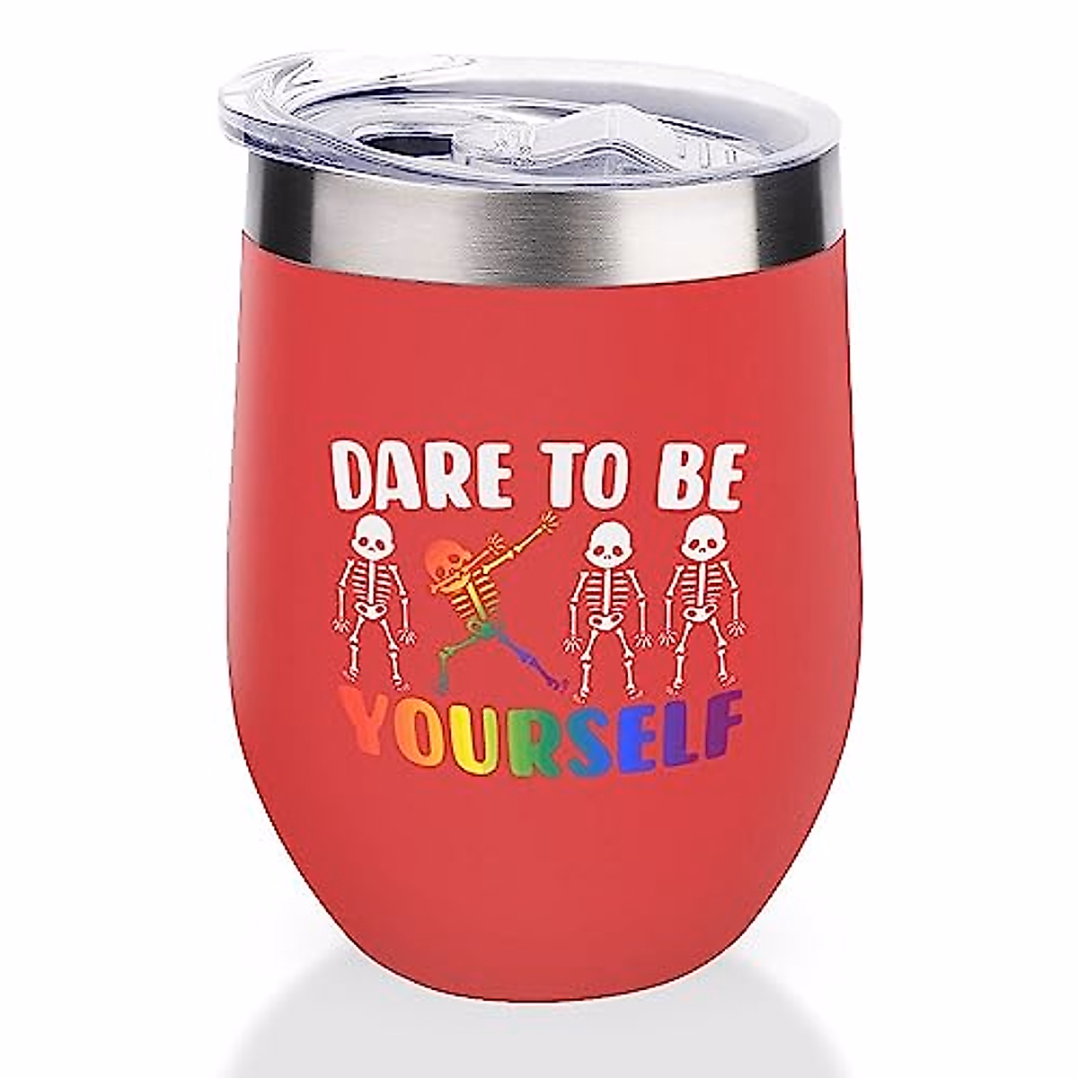 Mighun Dare To Be Yourself Rainbow Skull Wine Tumbler with Lid, LGBT Pride Gay Lesbian Vacuum Coffee Tumbler, Gay Pride Stemless Insulated Wine Glasses Cup for Champaign, Cocktail, Beer