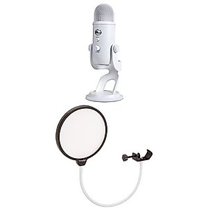 Blue Yeti USB Microphone - Whiteout with Dragonpad USA Pop filter Studio Microphone Mic Wind Screen Pop Filter Swivel Mount 360 Flexible Gooseneck Holder, Framed Black on White