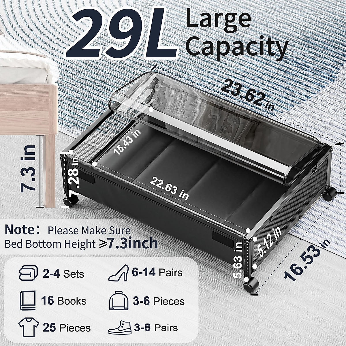 UEAKPIC Under Bed Storage Containers with Wheels, 2 Pack Under Bed Shoe Storage Organizer, Rolling Under Bed Storage Metal Drawer, Under Bed Storage Bins for Clothes, Toys, Blankets, Books