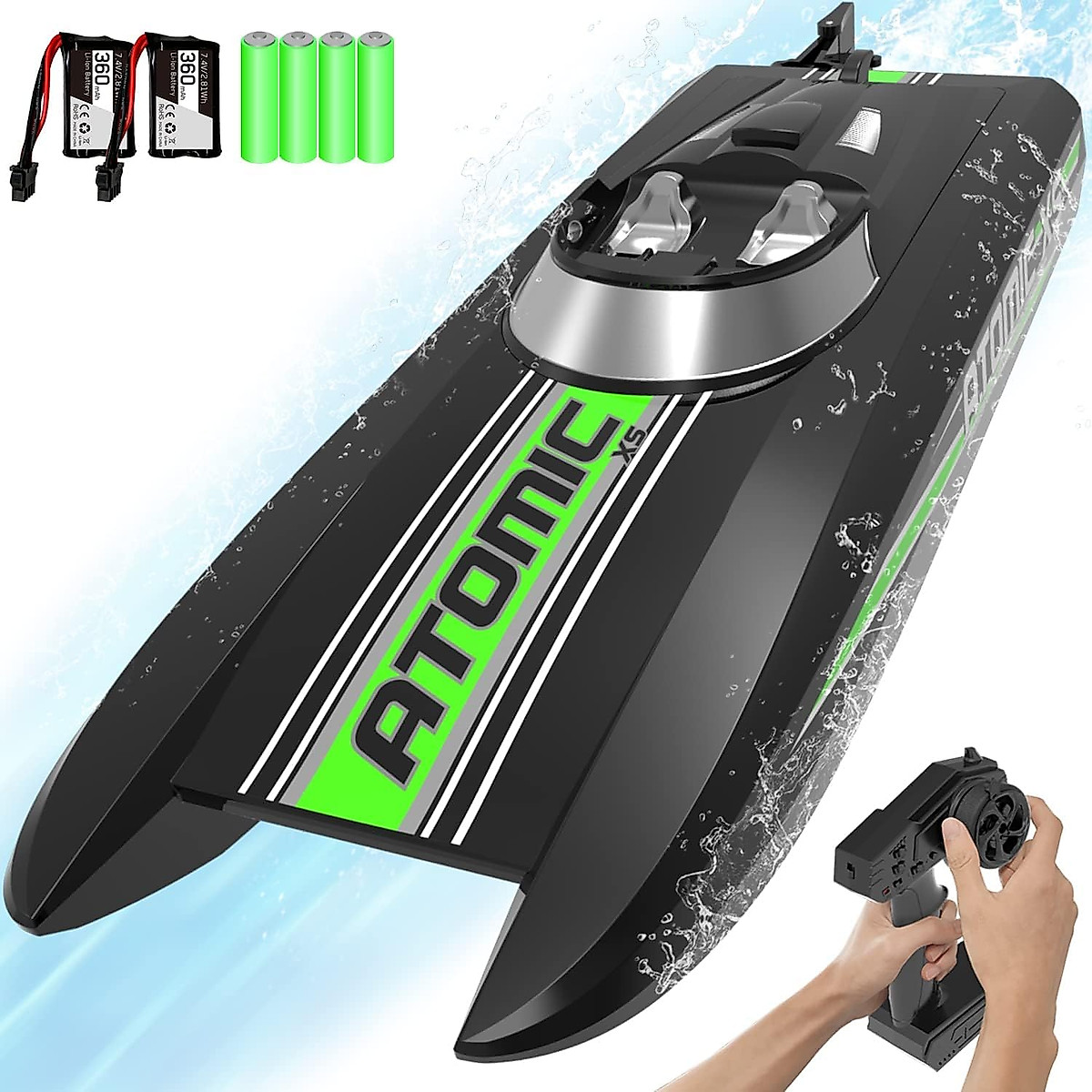 VOLANTEXRC Remote Control Boats for Pools and Lakes 20+MPH AtomicXS High Speed RC Boat for Kids or Adults Toy Boat Gifts with 2 Batteries & Reverse Function (795-5 Black)