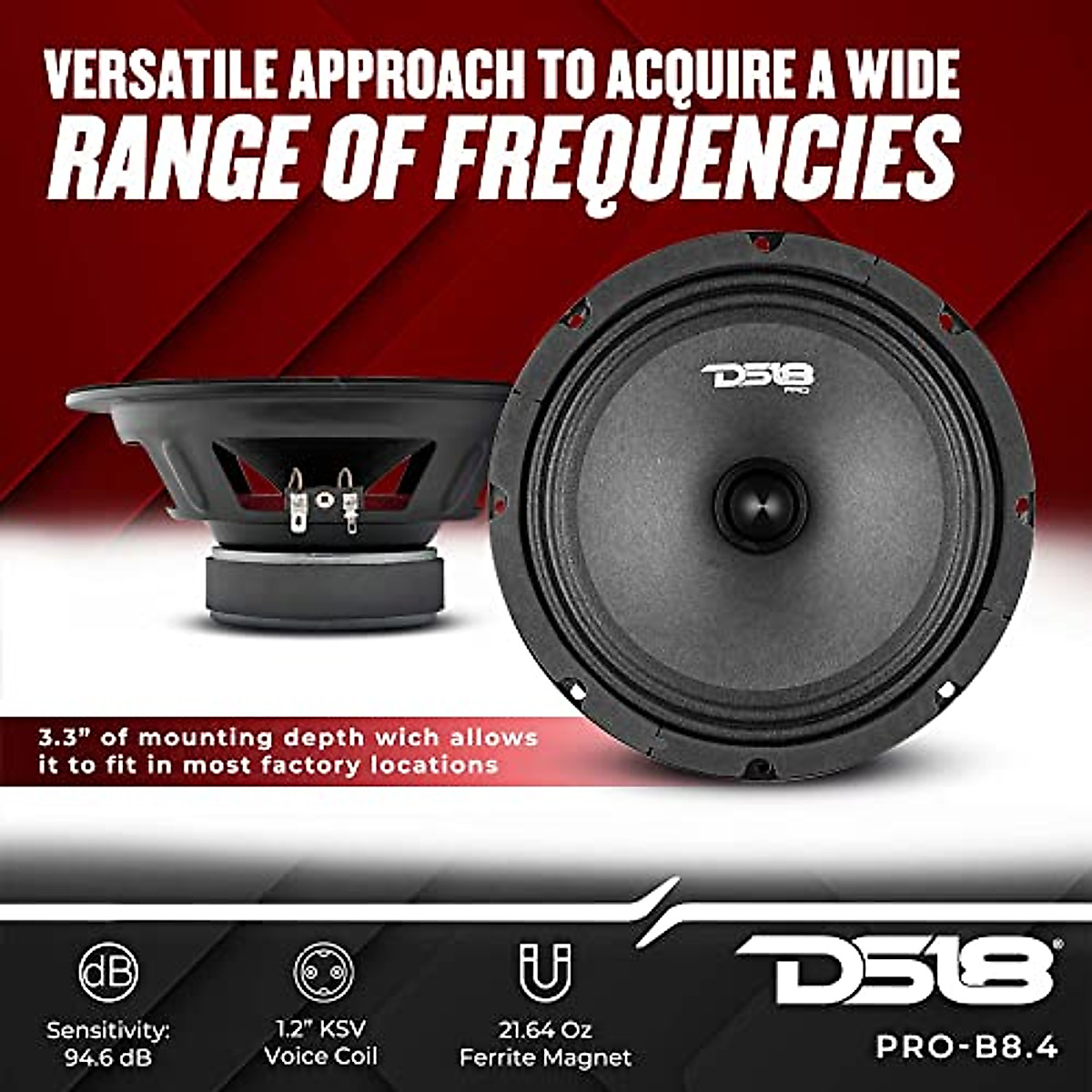 DS18 PRO-B8.4 Loudspeaker 8" Mid-Range Car Audio Speaker with Bullet 4-Ohms 140 Watts - Premium Quality Audio Speakers for Car or Truck Stereo Sound System (1 Speaker)
