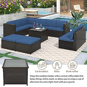 Merax 9-Piece Patio Furniture Set Outdoor Conversation PE Wicker Rattan Sectional Sofa, Coffee Table and Ottoman, Blue