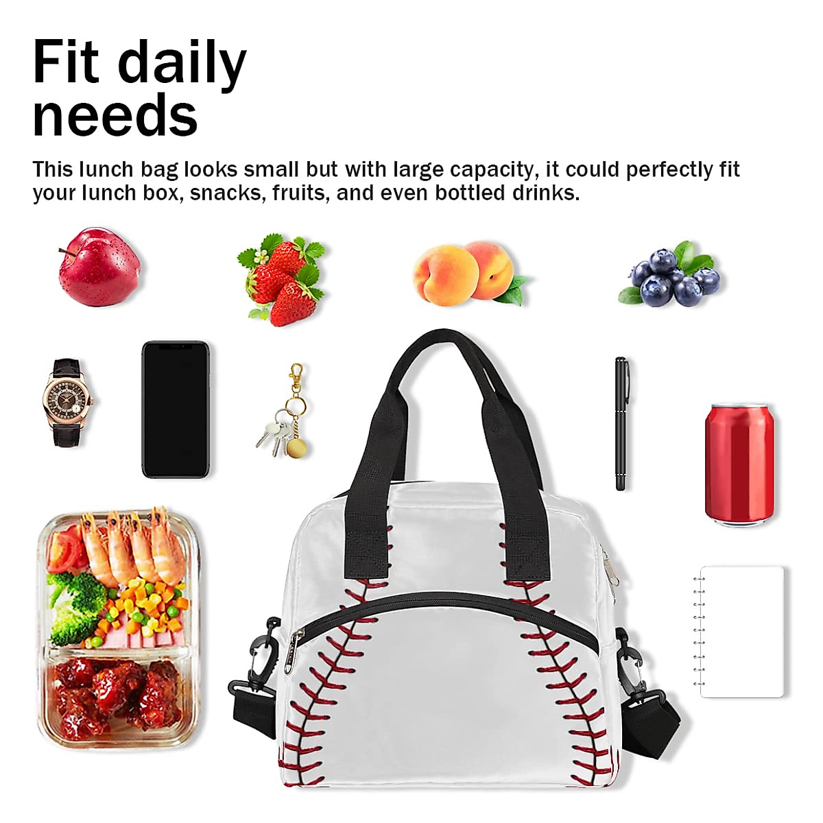 Baseball Lunch Bag for Women Men Insulated Reusable Lunch Box with Adjustable Shoulder Strap Cooler Tote Bag for School Work Picnic Beach Hiking