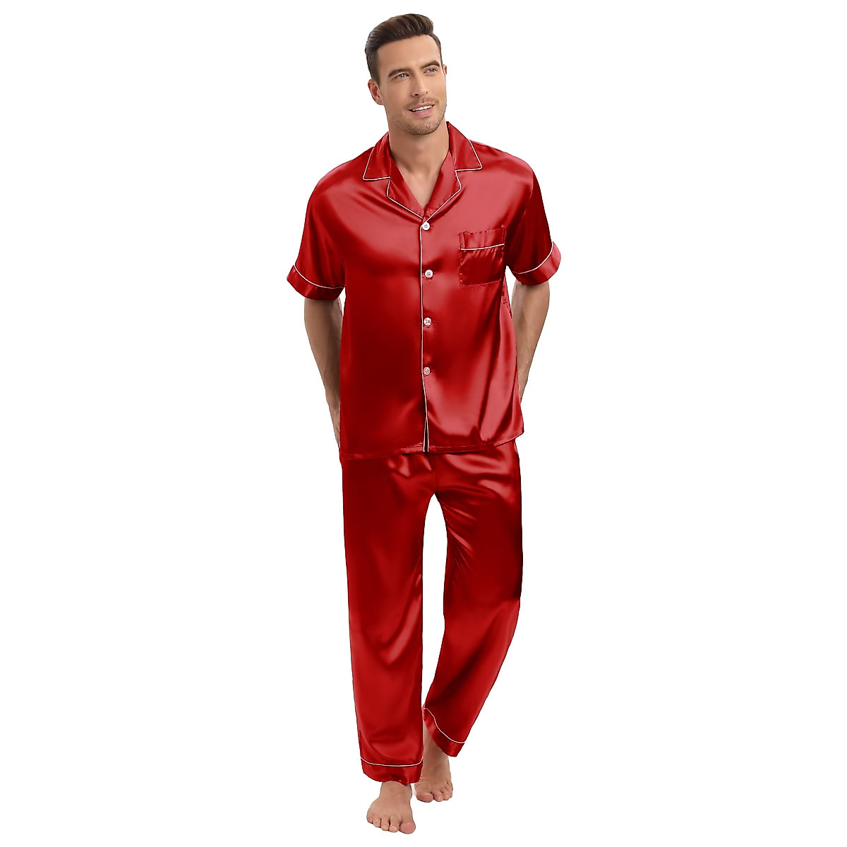 AUECK Mens Satin Pajamas Set Short Sleeve Button Down Sleepwear Soft 2 Piece Silk Loungewear with Pockets(Red,XX-Large)
