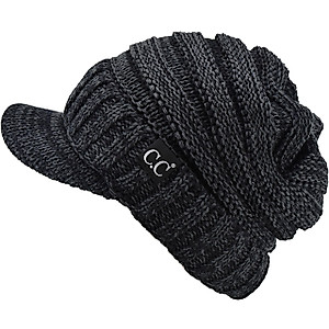 C.C Trendy Warm Oversized Chunky Soft Oversized Ribbed Slouchy Knit Hat with Visor Brim (Black/Charcoal)