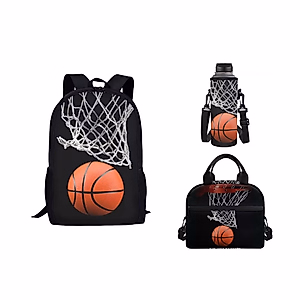 PZZ BEACH Basketball Boys School Bag Backpack Set Bookbag Thermal Lunch Box Bag Water Bottle Sling Case Bag for Elementary Primary Back to School Supplies