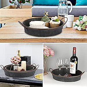Hipiwe Galvanized Metal Iron Tray with Handles Farmhouse Rustic Decorative Tray Industrial Style Serving Tray Round Galvanized Tray for Coffee Table, Home Decor (Set of 2)