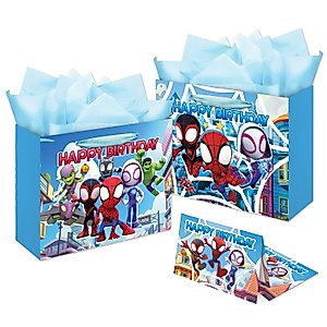 ZEZGERS 2PCS Spidey Gift Bag for Happy Birthday with Handle, Tissue Paper and Card for Baby Shower,Classroom,Birthday Party Decorations Supplies