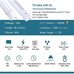H&B Luxuries 4FT LED T8 Ballast Bypass Type B Light Tube, 18W, Single-Ended & Dual-Ended Connection, 2340LM, G13 Base,T8 T10 T12 Fluorescent Bulbs Replacement, UL & DLC - 4000K (5Pcs)