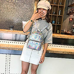MOSSTYUS Small Holographic Backpack Rainbow Shoulder Bag Metallic Satchel Shiny Travel Daypack for Women Men Lady
