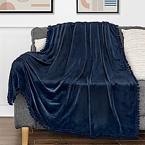 PAVILIA Navy Blue Throw Blanket Pom Pom for Couch Bed Sofa, Fleece Soft Fuzzy Cozy Lightweight Pompom Fringe Blanket, Decorative Boho Room Home Decor Gift Flannel Velvet Throw, Dark Blue, 50x60