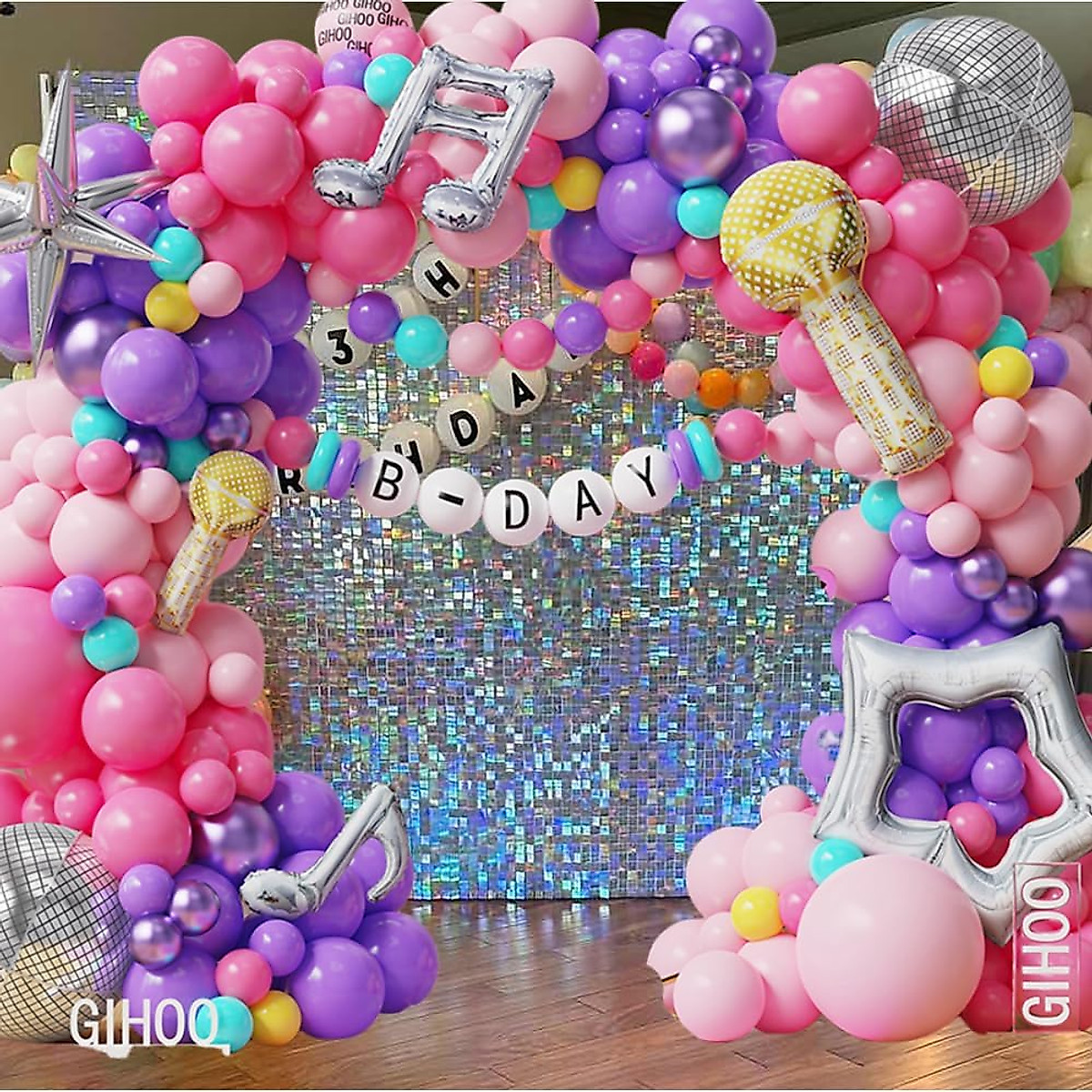 Songstar Birthday Decoration 155pcs Pink and Purple Balloon Arch Kit Hollow Star,Microphone, Disco Mylar Balloon for Music Fans Birthday Popular Singer Birthday Party Decor