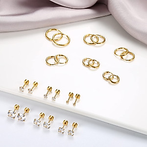 FASACCO 20G Flat Back Cartilage Earrings Hoop Stud Helix Earrings 14K Gold Plated Mini Small Hoop Earrings Flatback Stud Earrings