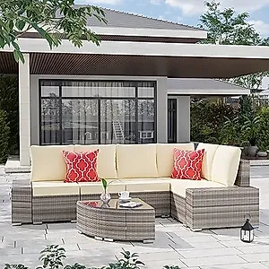 6 Pieces Patio Furniture Sets Outdoor Couch, Modular Rattan Outdoor Sectional Sofa Patio Set, All Weather Pe Wicker Patio Conversation Sets for Lawn, Garden, Backyard, Poolside