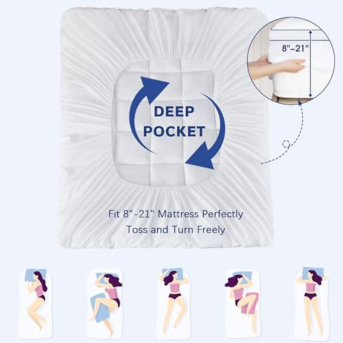 CYMULA Super Queen Cooling Mattress Topper, Extra Thick 8-21 Inch Elasticated Deep Pocket, Plush Down Alternative Fill, White