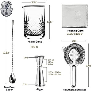 Cocktail Mixing Glass Set, Old Fashioned Kit : Stainless Steel Bar Spoon & Hawthorne Strainer & Japanese Jigger & Glass Polishing Cloth, Crystal Mixer Glass Yarai, Valentine's & Fathers Day Gifts