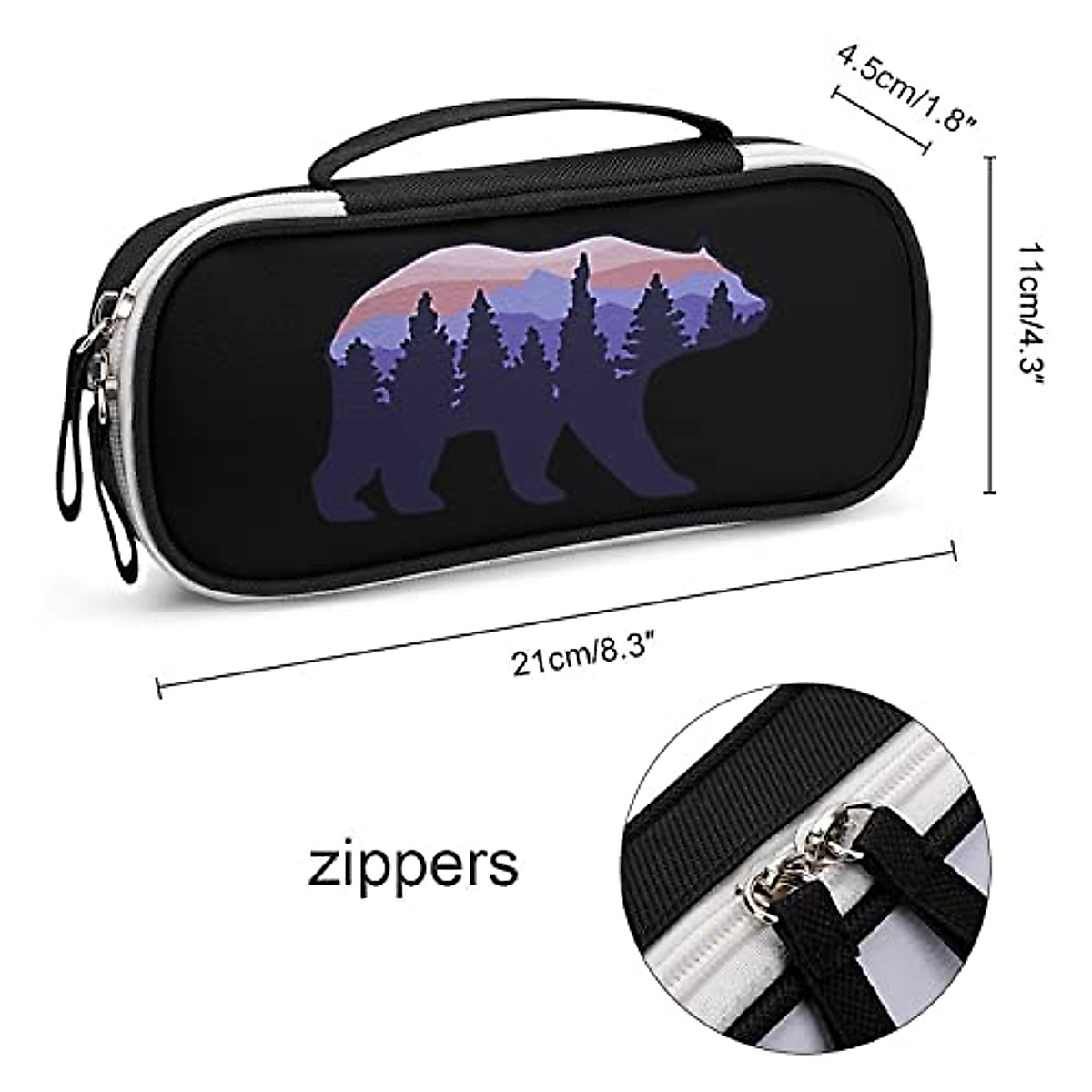 Bear Roaming The Forrest PU Leather Pencil Pen Case Organizer Travel Makeup Handbag Portable Stationery Bag