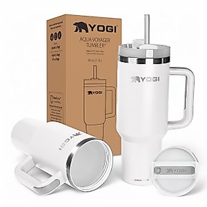 YOGI Ceramic Lined Tumbler with Handle and Straw Lid, Stainless Steel Travel Mug & Water Tumbler, Vacuum Sealed Cup with Handle - 40oz Arctic White