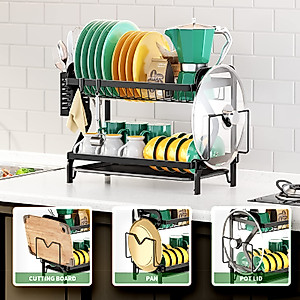 GAOKASE Dish Drying Rack with Drainboard, 2-Tier Black Dish Racks for Kitchen Counter,Dish Drainers with Removable Utensil Holder
