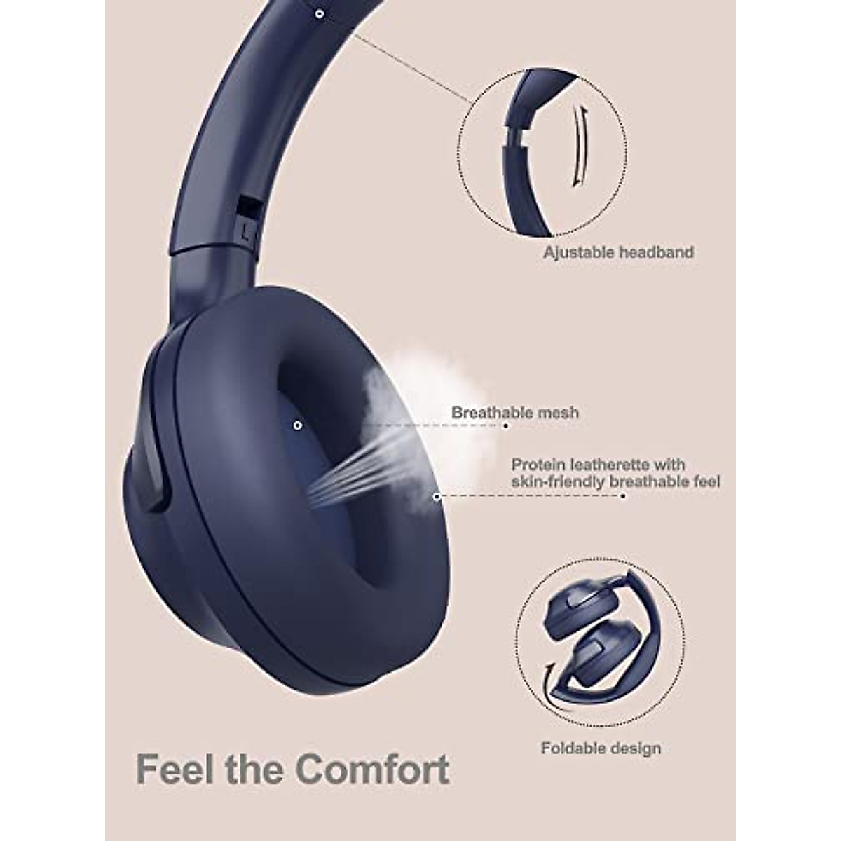 Active Noise Cancelling Headphones, REETEC Wireless Over Ear Bluetooth Headphones with Microphone ANC Headphones Long Playtime Hi-Fi Deep Bass Earphones Headset for TV Airplane Travel - Navy Blue