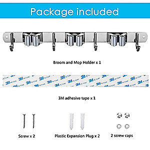 Yanvsvda Mop and Broom Holder Wall Mount Heavy Duty Stainless Steel Tool Organizer with 3Rocks and 4Hooks for Home,Kitchen,Bathroom,Garage,Garden,Laundry Room (1 Pack)