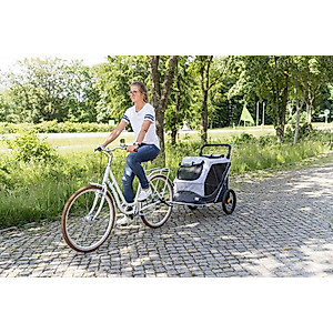 TRIXIE 2-in-1 Dog Bike Trailer and Pet Stroller for Medium Dogs up to 66 lbs, Quick Set-up and Fold Down, Gray