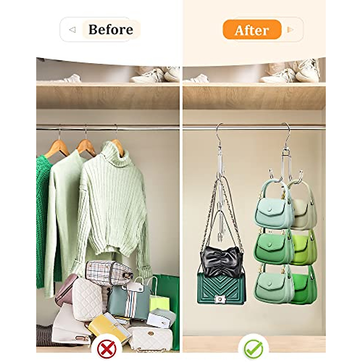 Purses Hanger Organizer for Closet, Myfolrena Metal Purse Holder for Closet Space Saving Bag Storage Hook for Hanging Handbags, Belts,Scarves,Tote,Hats,Clothes,Bags,Ties (Silver)