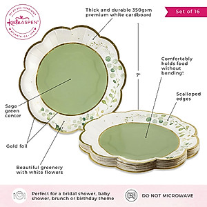 Kate Aspen Sage Green Party Decorations, Eucalyptus Floral Print 7 in. Decorative Premium Paper Plates (350 GSM weight -Set of 16) - Perfect for Greenery Baby Shower & Bridal Showers