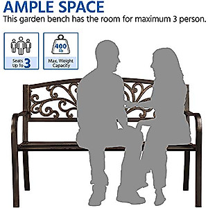 Patio Bench Park Bench, 50" Antique Powder Coated Iron Outdoor Metal Bench w/Floral Ivy Design Backrest, 400lbs Cast Iron Anti-Rust Sturdy Steel Frame Furniture for Porch Entryway Lawn Decor Deck