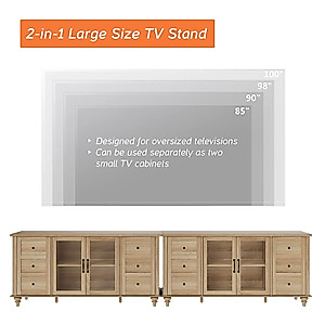 WAMPAT 116'' Farmhouse TV Stand for TVs Up to 110 inch,Glass and Wood Universal TV Stand with Storage Cabinets,White Entertainment Center for 32-110 inch TV Console Table,Oak