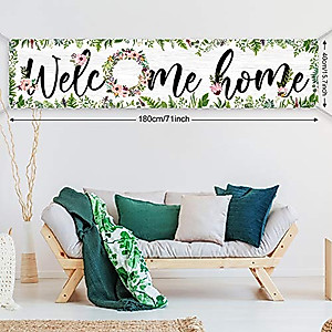 Large Welcome Home Banner 71 x 15.7 Inches Spring Summer Fall Flower Cluster Welcome Banner Yard Sign Decoration Welcome Home Garland Hanging Photo Booth Background (White Background with Grass)