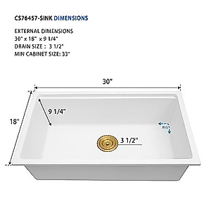 YAQUN Undermount Kitchen Sink, Deep Workstation Stone Kitchen Sink, Single Bowl Kitchen Sinks (White, 30" x 18")