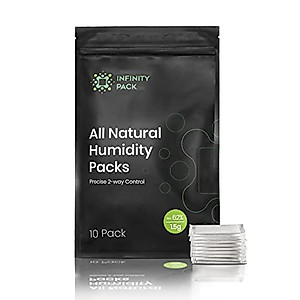 Infinity Pack 62% RH 1.5 g Humidity Packs (10 Pcs) - Natural Plant Based Solution for Storing up to 3.5 g Herbs - 2 Way Humidification - Patented Moisture Control Technology - with Resealable Bag