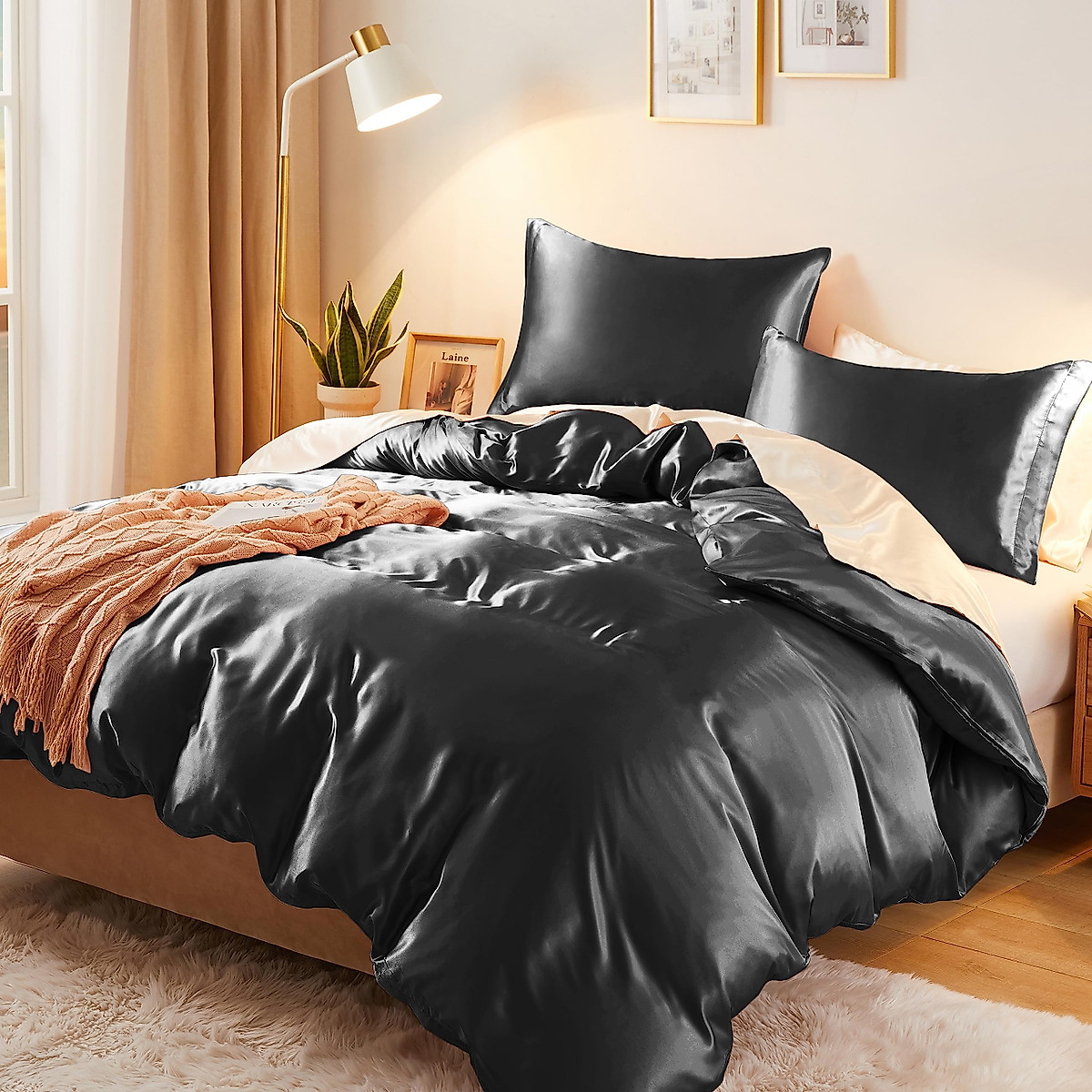 Vonty 3-Piece Silky Satin Duvet Cover Set King Size Comforter Cover, Organic Natural 400TC Black Duvet Cover Set - Luxury & Sexy Bedding Duvet Covers with Zipper Closure(No Comforter)