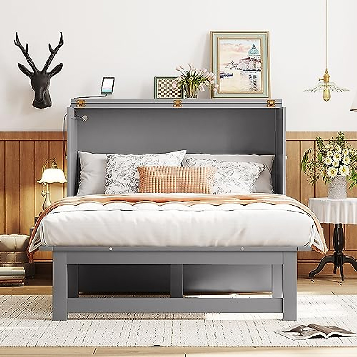 Harper & Bright Designs Full Size Murphy Bed with USB Port, Wooden Full Bed Frame with 2 Removable Desk, Foldable Cube Cabinet Full Platform Bed, Modern Murphy Bed for Guest Room Home Office, Gray